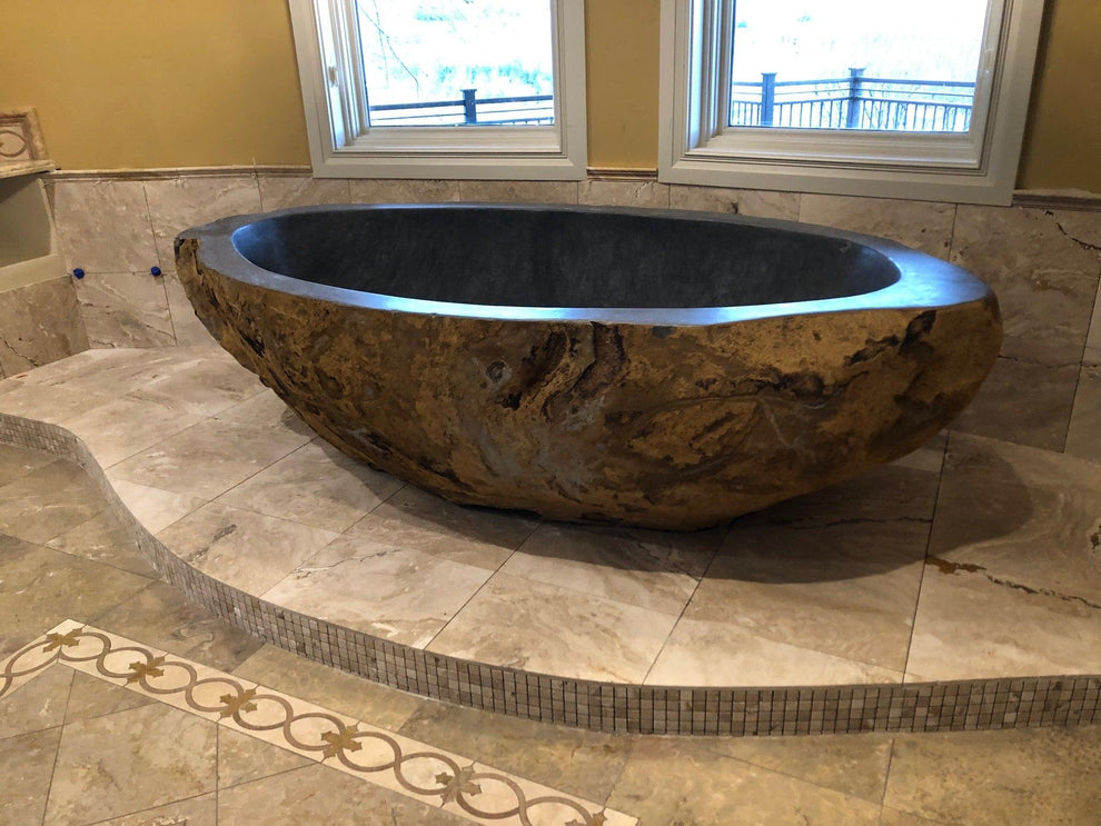 Natural Stone River Boulder Bathtub, Real Rock, from Impact Imports